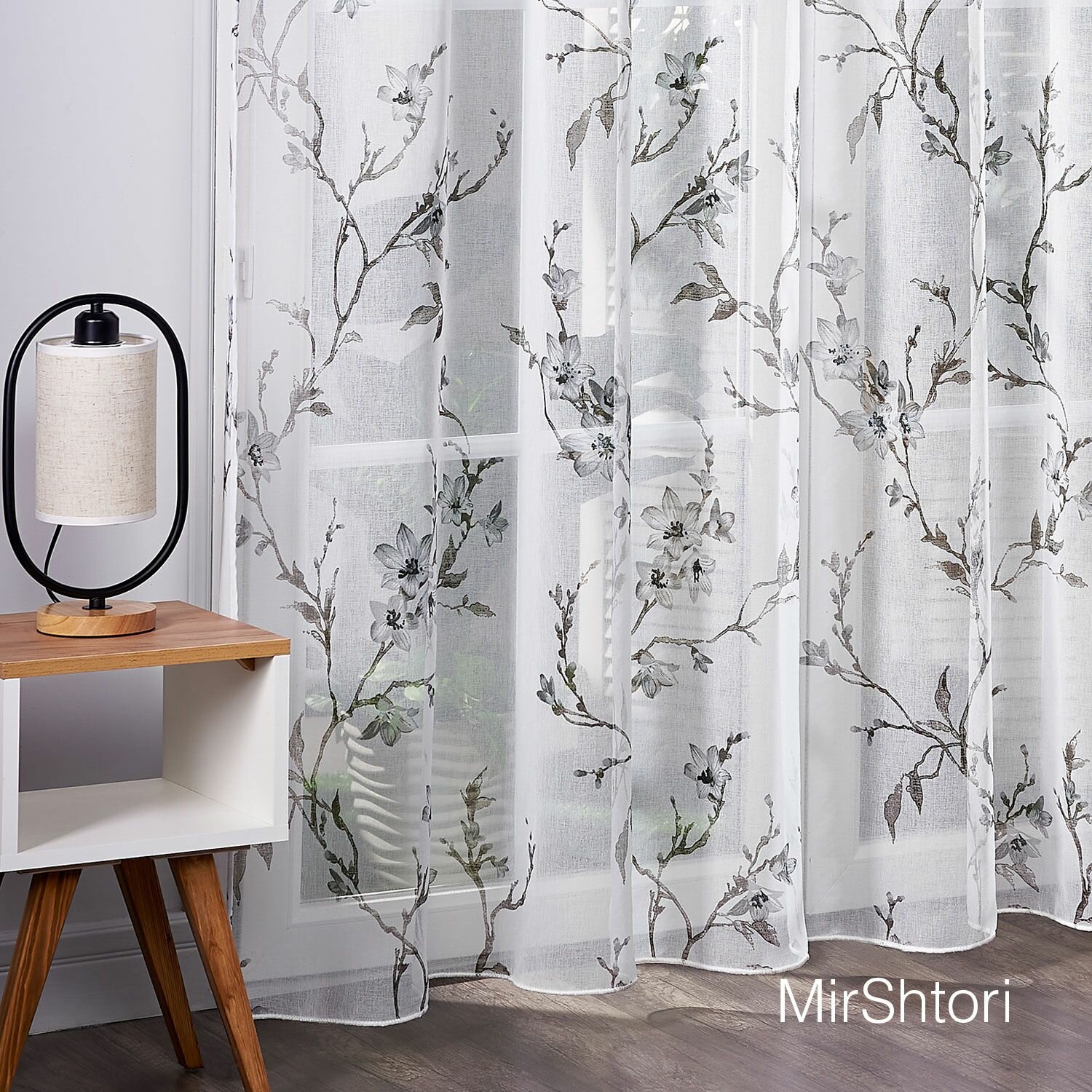 Готовый тюль под лен в цветочек Сакура с утяжелителем высота 260 см ширина 400 см; вуаль с рисунком 4 м