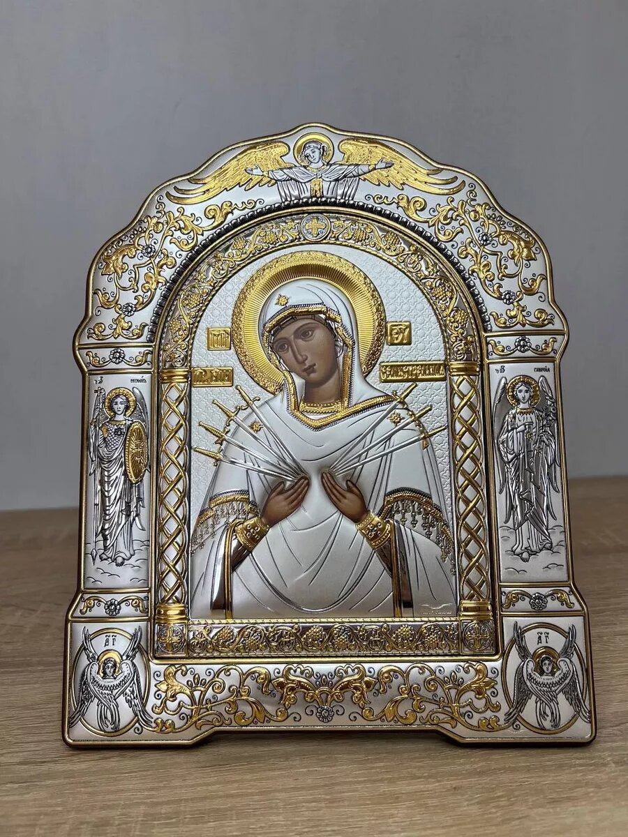 Икона серебряная, греческая Семистрельная БМ, 266х335мм. — фото 1