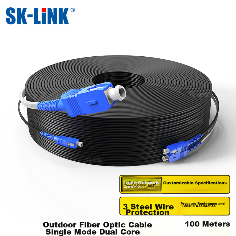 SK-LINK Single-Mode Dual-Core Fiber Optic Cable, Outdoor 2-Core 3-Steel Wire Finished Fiber Optic Cable, Pigtail without Fusion Splicing, Outdoor Low Smoke Zero Halogen, 100 Meters SC Connector SWGL2SM-100M(SC)