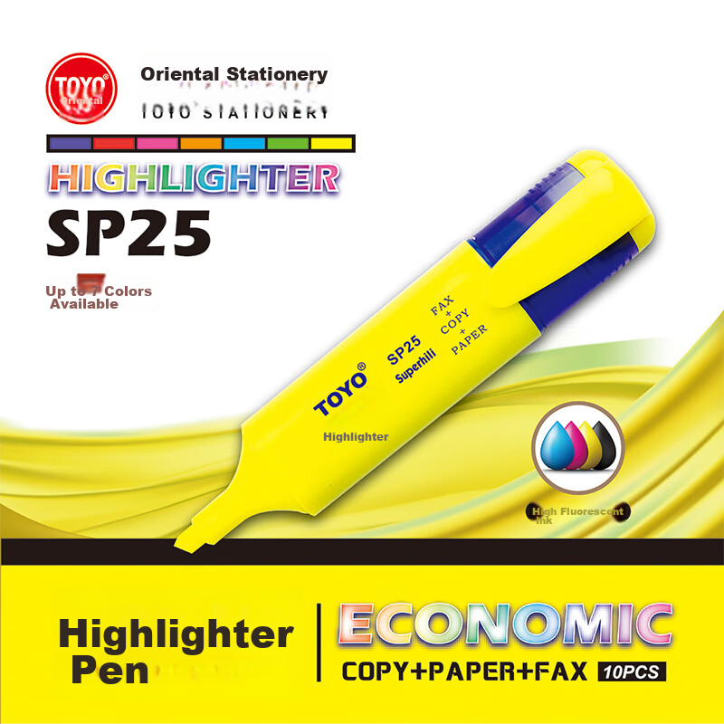 TOYO SP25 Unscented Yellow, Blue, Green, Red, Orange, Purple, Pink Diagonal Tip Large Capacity Student Eye-Protecting Stylish Fluorescent Pen Marking Quick-Drying Set 10 Pens/box/single Tip Yellow