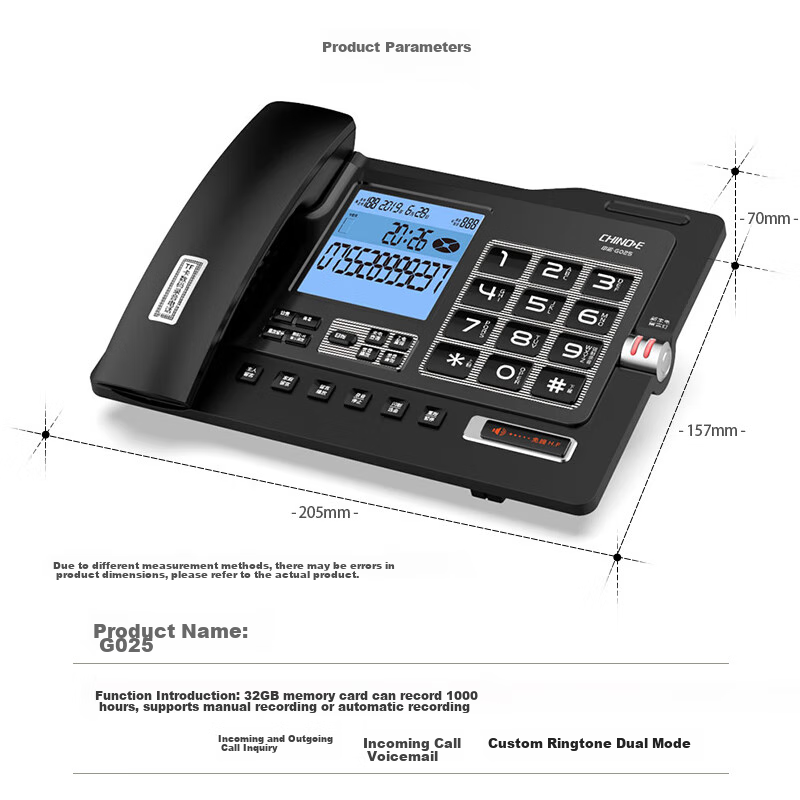 CHINO-E G025 Black 32GB Recording Telephone with 32GB Memory Card, 1000 Hours Continuous Recording, Automatic Voice Message Answering, Fixed Telephone for Business Office, Black