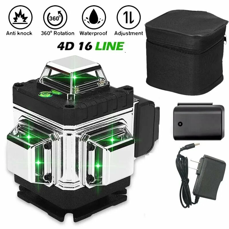 Лазерный нивелир "Zeleniy Luch", 16 лучей, IP54 защита, 4D, емкость батареи 6800mAh, зеленый