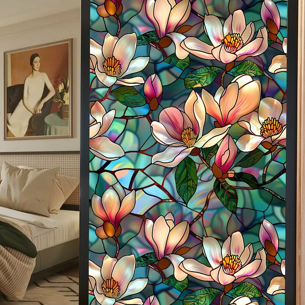 Витражная пленка на окно 45 100 см, декоративная статическая наклейка без клея, цветные птицы и цветы, съемная защита от солнца и взглядов, ПВХ пленка для стекла