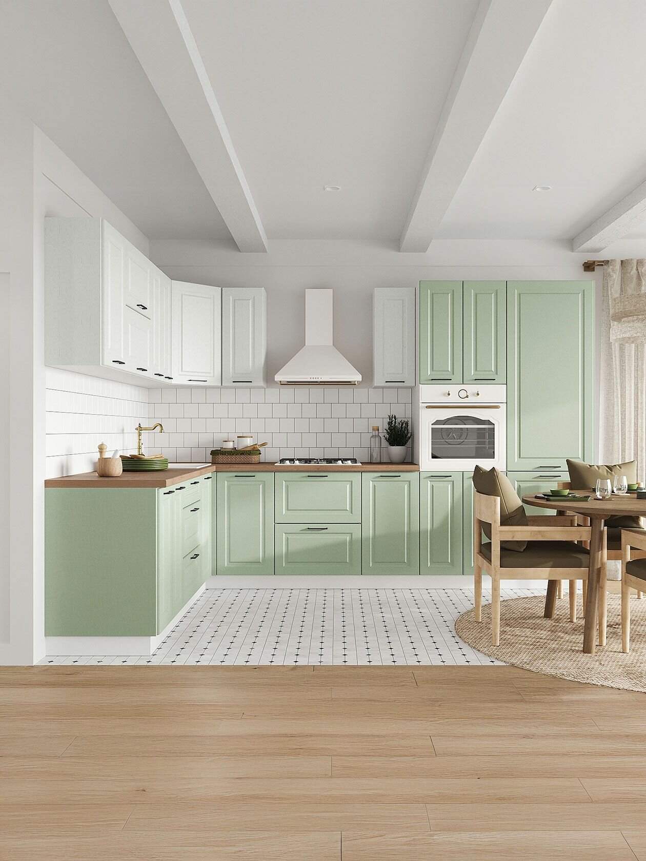 Кухонный гарнитур угловой Шервуд 3.2х2.2 м, мебель для дома и кухни, Белый / Арктик / Шато мята