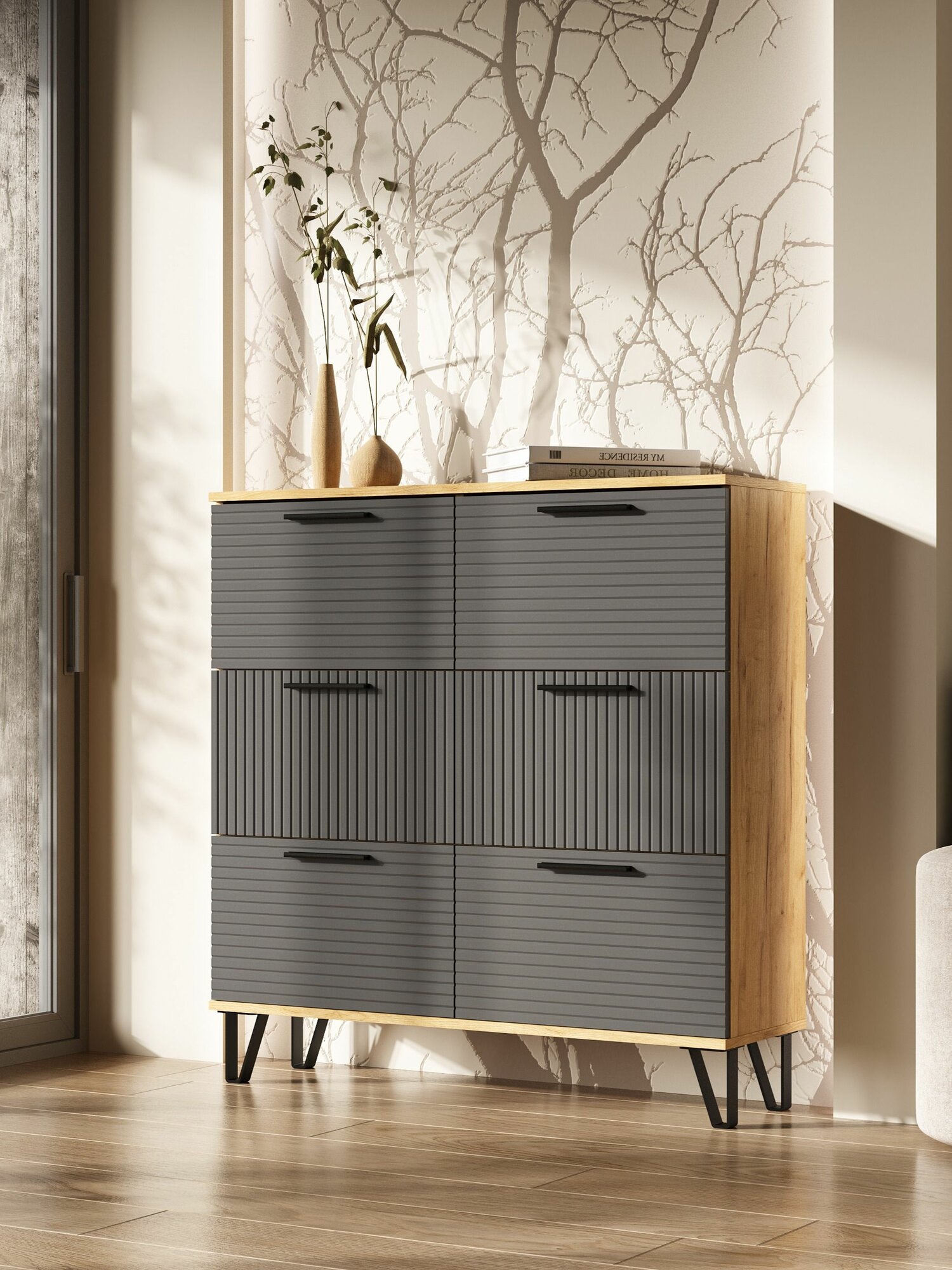 Обувница Флэш 1000мм х1030мм х300мм (Браш Графит/ Дуб Крафт) МИФ