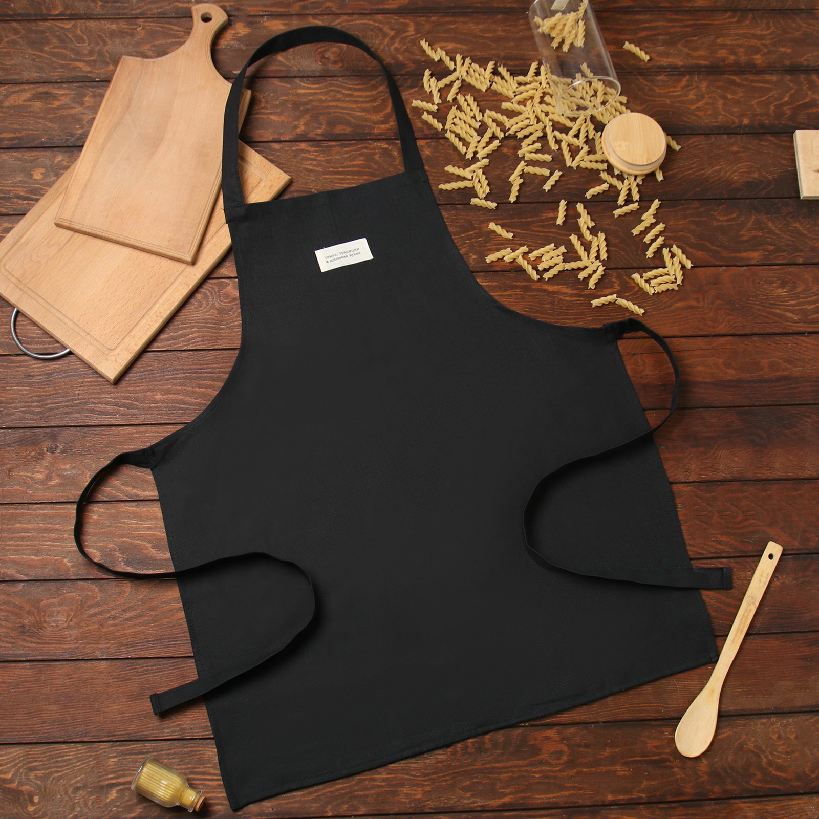 Фартук "Доляна. Душевная кухня", чёрный, 60x70 см, рогожка, 100% хлопок