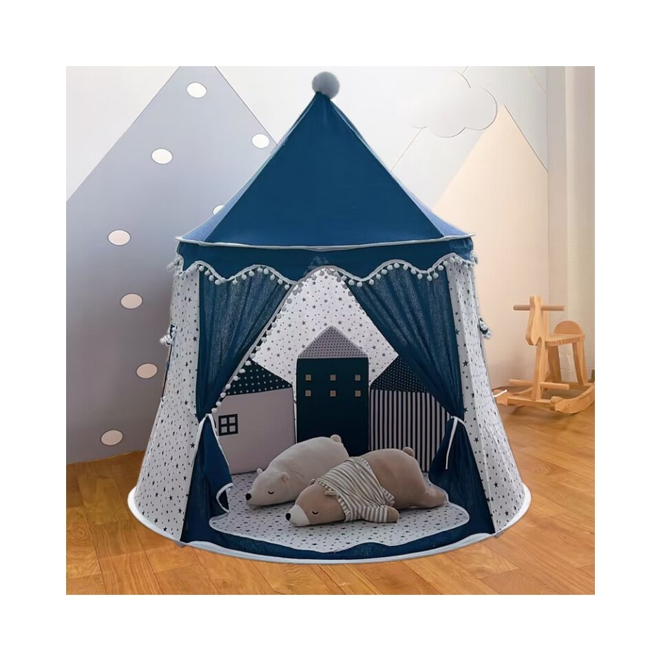 Детская палатка, переносной крытый игрушечный домик-замок，，110cmX110cmX130CM，Нет подушки сиденья，Темно-синий