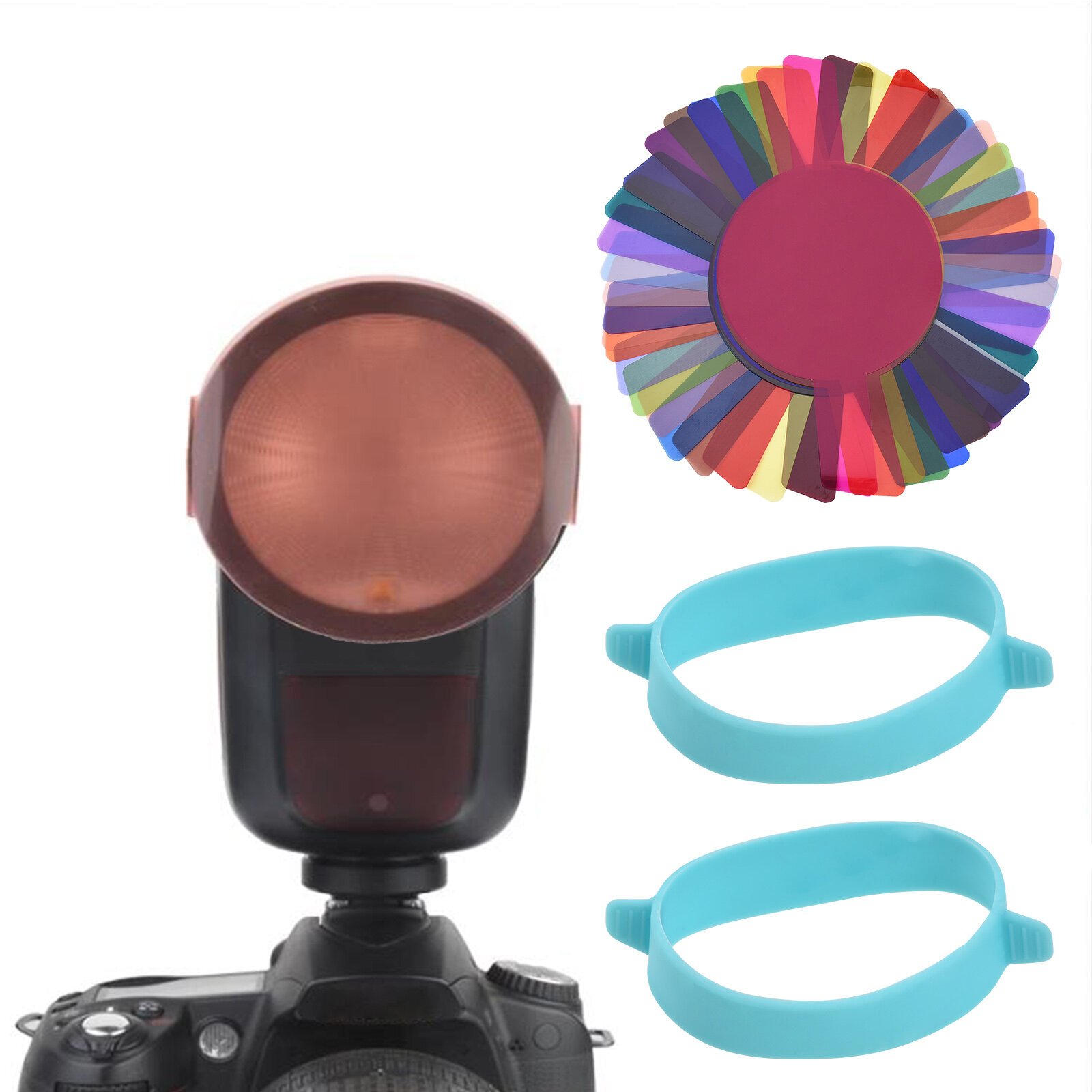 24pcs Фильтры для Камерного Флеша Круглой Формы для Коррекции Цвета Света Godox V1 Series Speedlight H200R Голова Флеша с Сумкой для Хранения, Материал: Гель, Диаметр: 7.5cm/3in, В комплект входят: 24 * Флеш-фильтры, 2 * Фиксационные Ребра, 1 * Сумка для