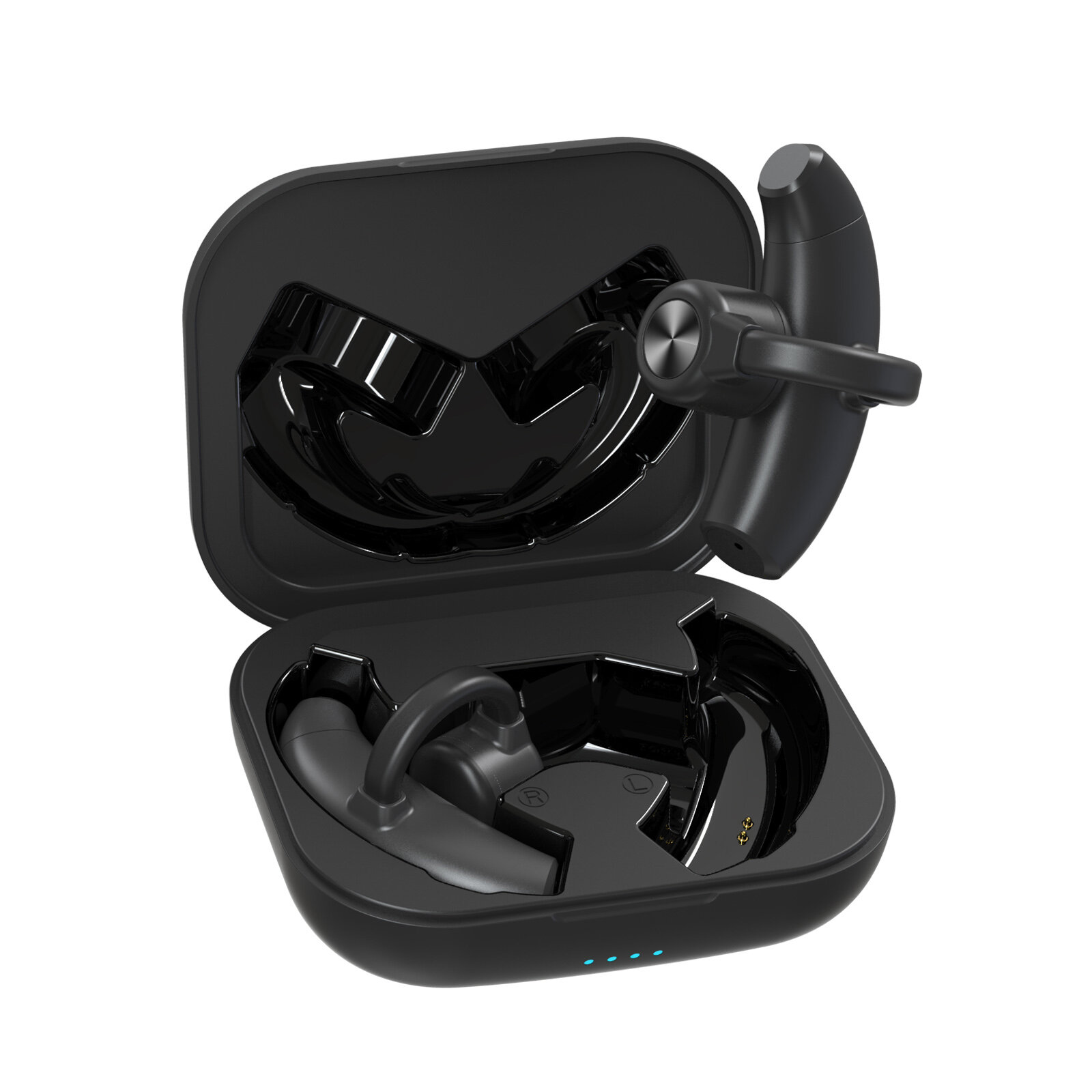 Гарнитура GW1 True Wireless Bone Conduction BT5.1 с микрофоном и зарядным футляром, черный цвет, диаметр драйвера 11.3мм, емкость батареи футляра 700mAh, вес наушника 9.4г, пакетное содержимое: 1 пара наушников, 1 зарядный футляр, 1 пара коротких
