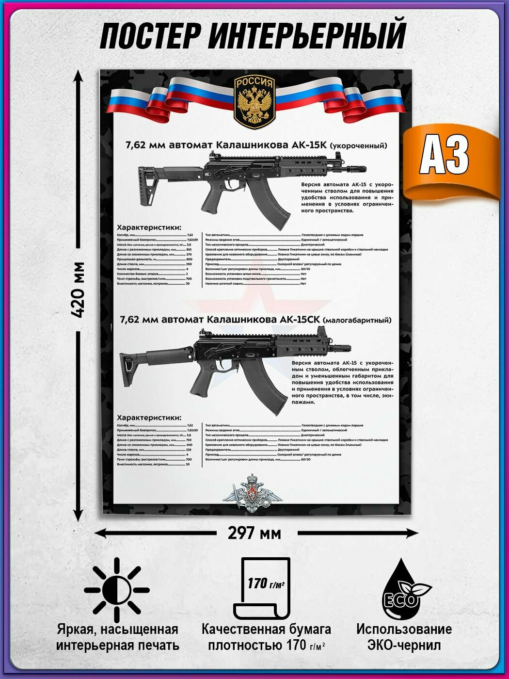 Плакат "АК-15К-КС" / Информационный постер с ТТХ оружия / Интерьерный плакат о российском оружие / А3 Формат (30х42 см.)