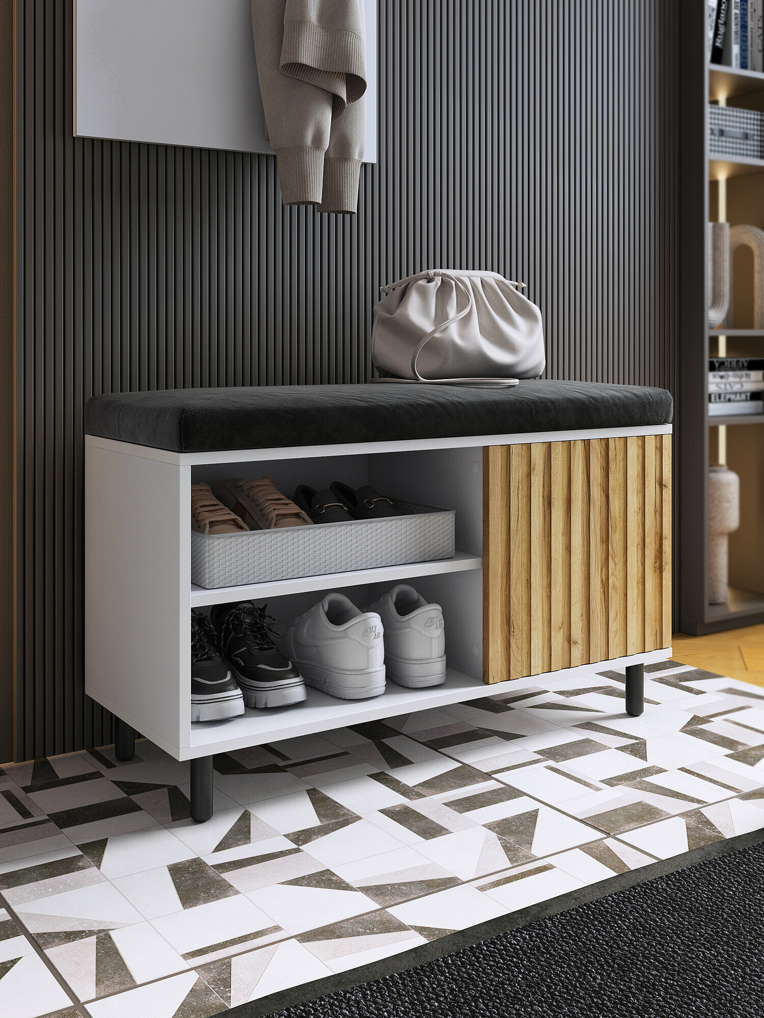 Обувница с рейками Мебельно "Топ Вельвет 2", фасад МДФ, ЛДСП, 4 отделения, белый, дуб крафт