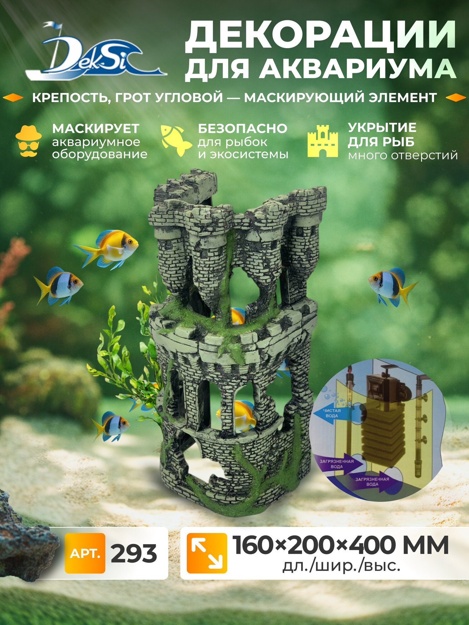 Декорация для аквариума Крепость, грот DEKSI 293 маскирующий элемент для фильтра и обогревателя