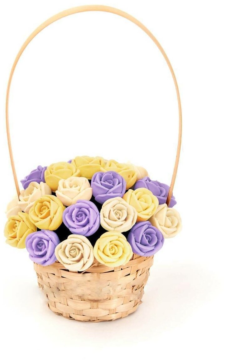 Корзинка с шоколадными розочками из 23 шт последний звонок CHOCO SFERA - Белый, Желтый и Фиолетовый микс, 324 гр. K23-BJF