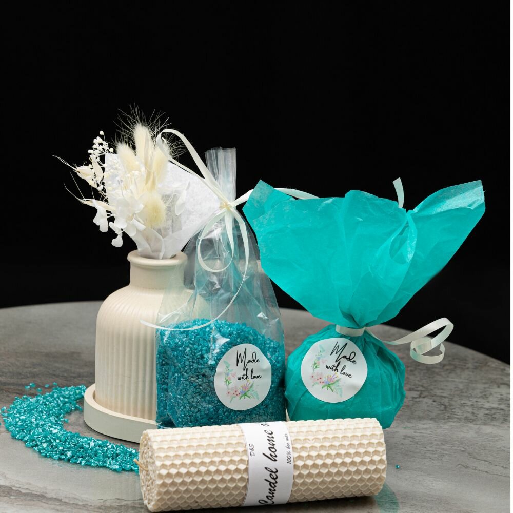 Подарочный набор "Мохито" для женщин и девушек с морской солью, бомбочкой, свечой и вазой, подносом и букетом сухоцветов. Подарок девушке, женщине, коллеге, учителю