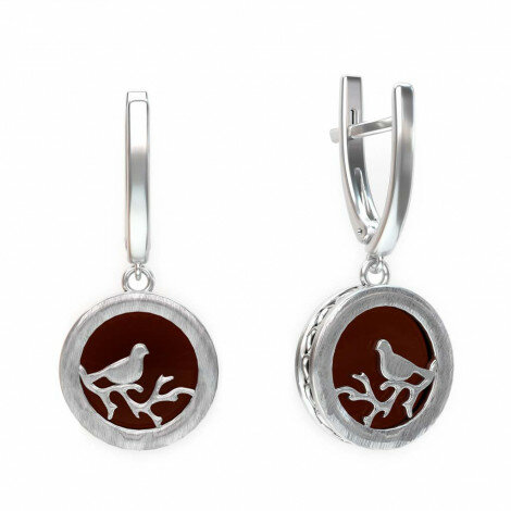 Серьги двусторонние, серебро, 925 проба, родирование, янтарь