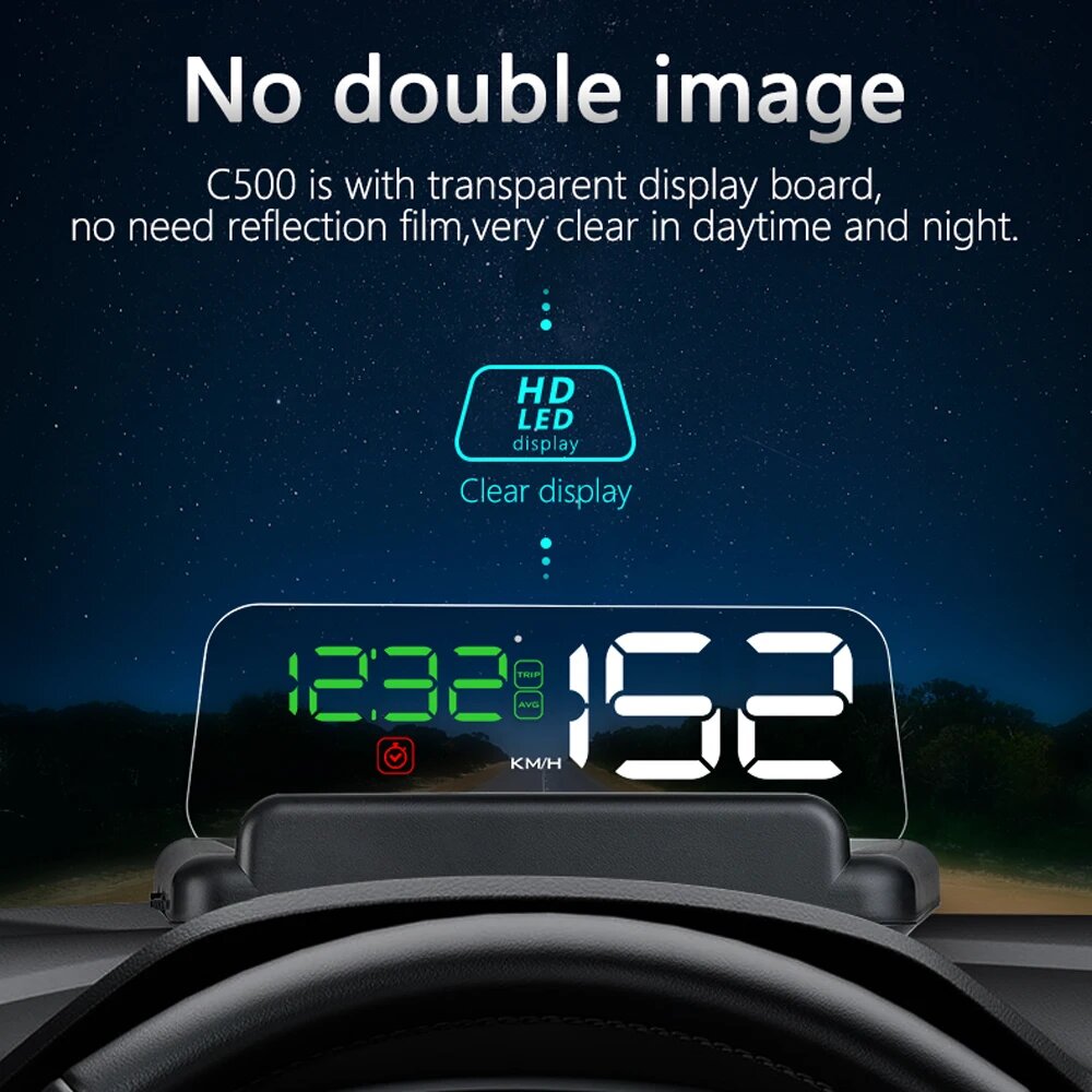 Универсальный автомобильный проекционный дисплей HUD (Head-Up Display) C500: скорость, обороты, температура охлаждающей жидкости, напряжение, время, OBD2, сигнализация, цифровой спидометр