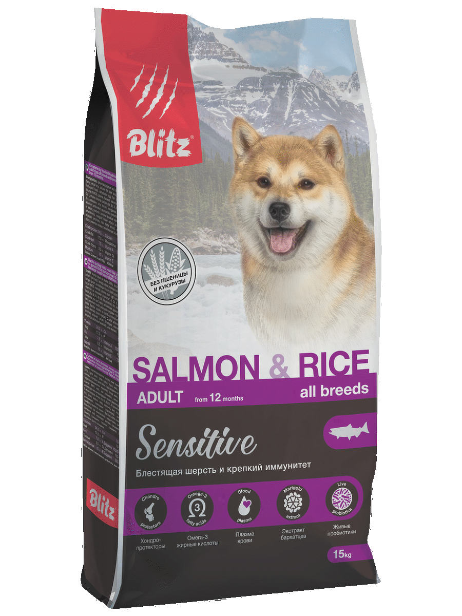 Корм сухой Blitz Adult Sensitive лосось с рисом для собак (15 кг)