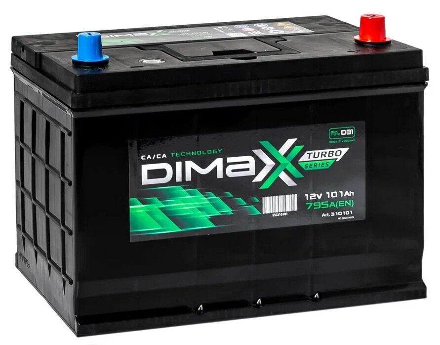 Аккумулятор автомобильный Dimaxx Asia 101 А/ч 795 А обр. пол. D31L Азия авто (306х173х225) 310101 с бортиком