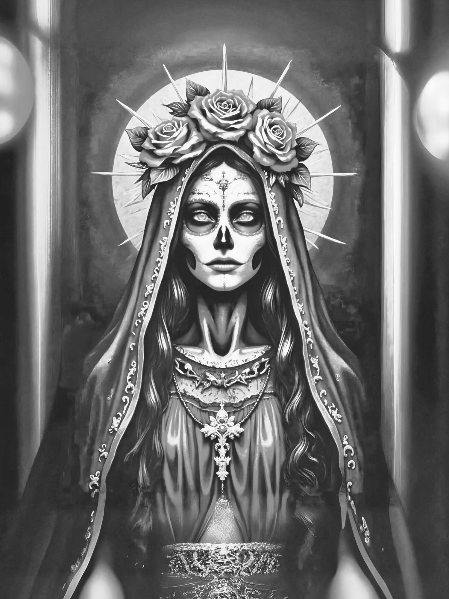 Шеврон Санта Муэртэ Santa Muerte Черно-белый 8х10 см на липучке