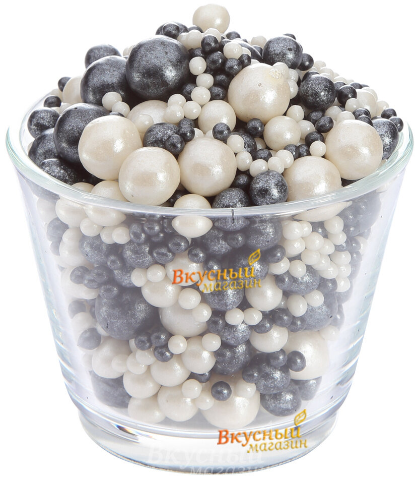 Декор Дутый рис Жемчуг серебро/черный 2-13 мм. Sweet bear, 100 гр. (Набор из 5 шт.)