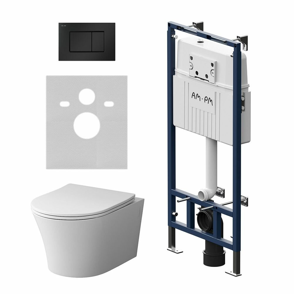 Инсталляция с подвесным унитазом AM.PM MasterFit мех. кнопка Pro C черный матовый, безободковый, шумоизоляция