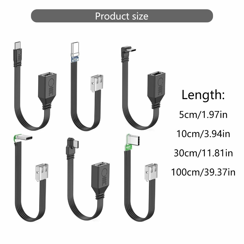 USB-концентратор, USB Type-C к USB 2.0 OTG кабель - 5 см - с оболочкой и левым/правым изгибом, 1 шт.