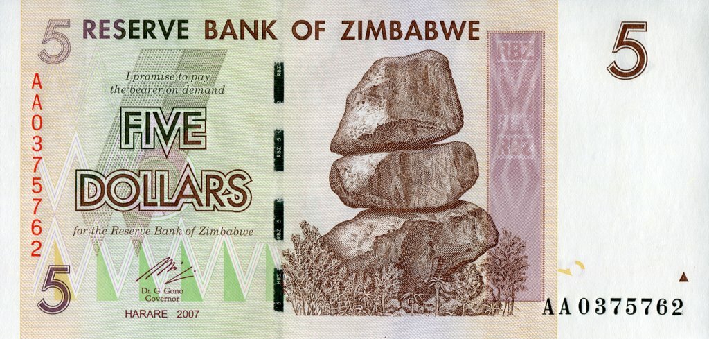 Банкнота Зимбабве 2007 год 5 долларов Балансирующие скалы UNC