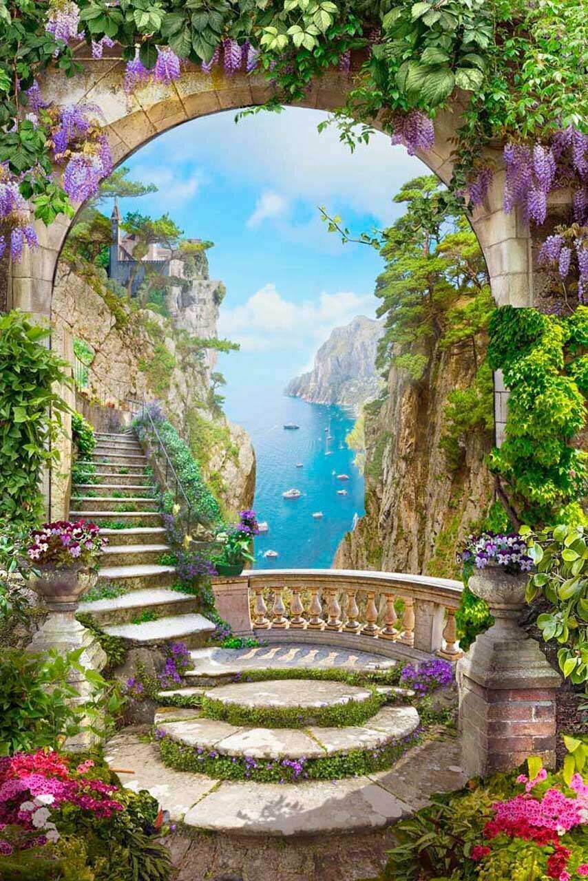 Фотообои Старая арка с лестницей с видом на залив 7-316-S-Флок 270 x 200 см (ВхШ) Бесшовные, флизелиновые, влагостойкие обои MasterFresok