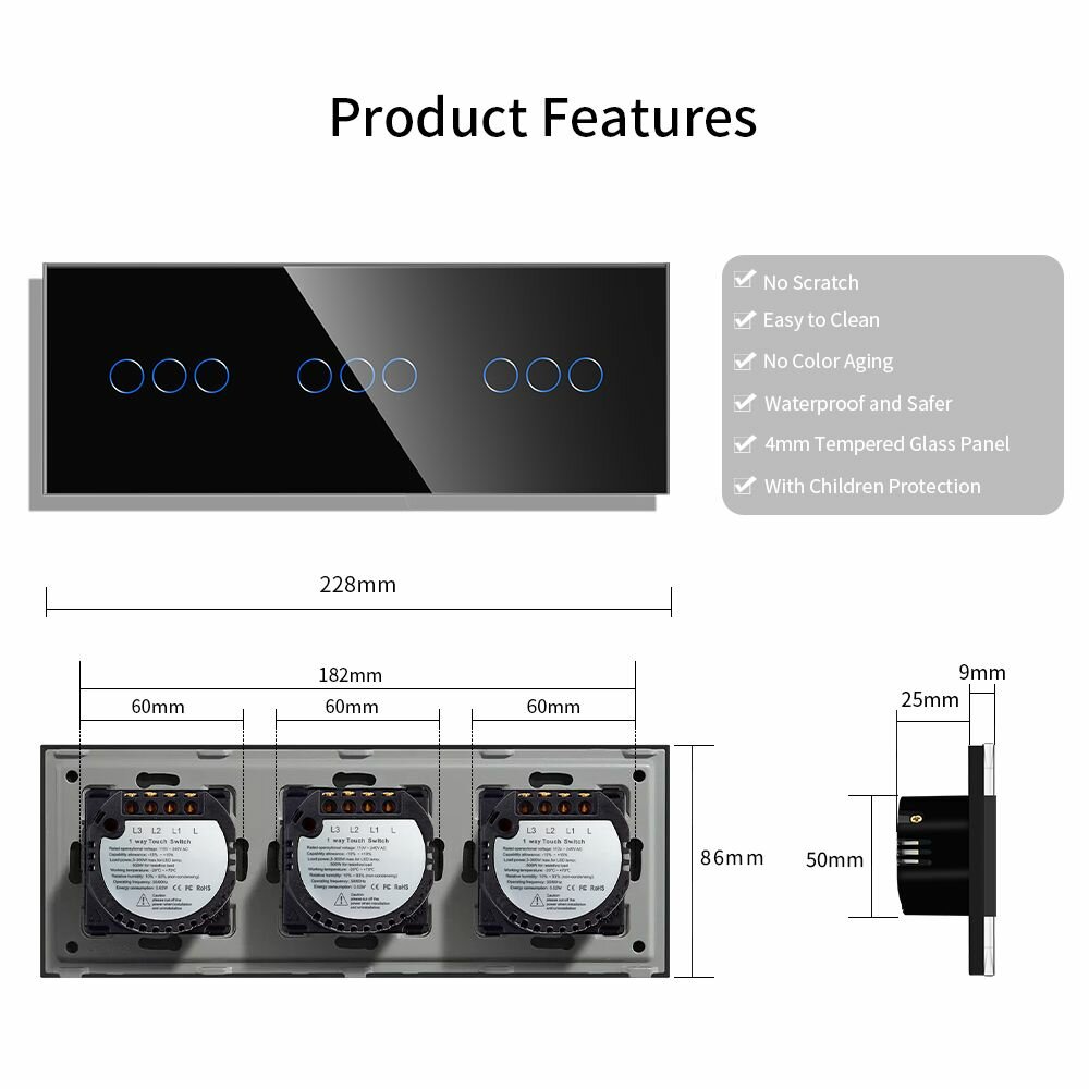 Сенсорный выключатель 6 клавиши, 3 поста (2+2+2) , скрытая установка, панель стекло Черный,228mm