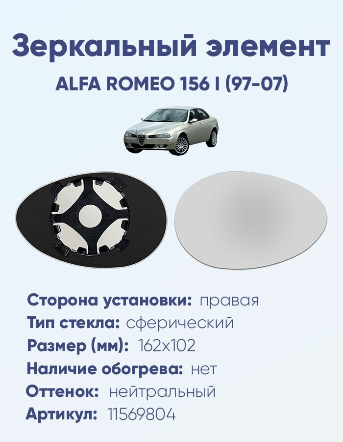 Зеркальный элемент правый ALFA ROMEO 156 I (97-07) сфера нейтральный без обогрева