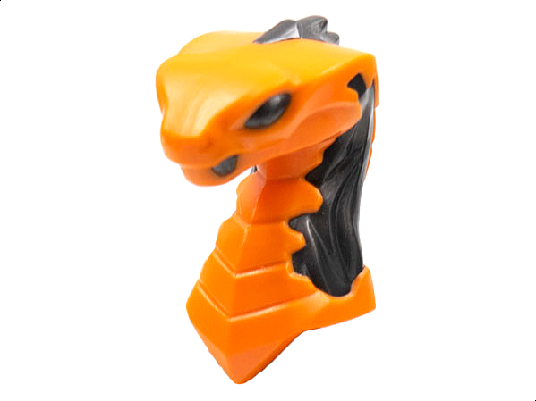 Minifigure, Head, Modified Snake, Cobra with Closed Mouth with Molded Pearl Dark Gray Eyes, Fangs, and Flames on Closed Hood Pattern, 49588pb04 Orange U