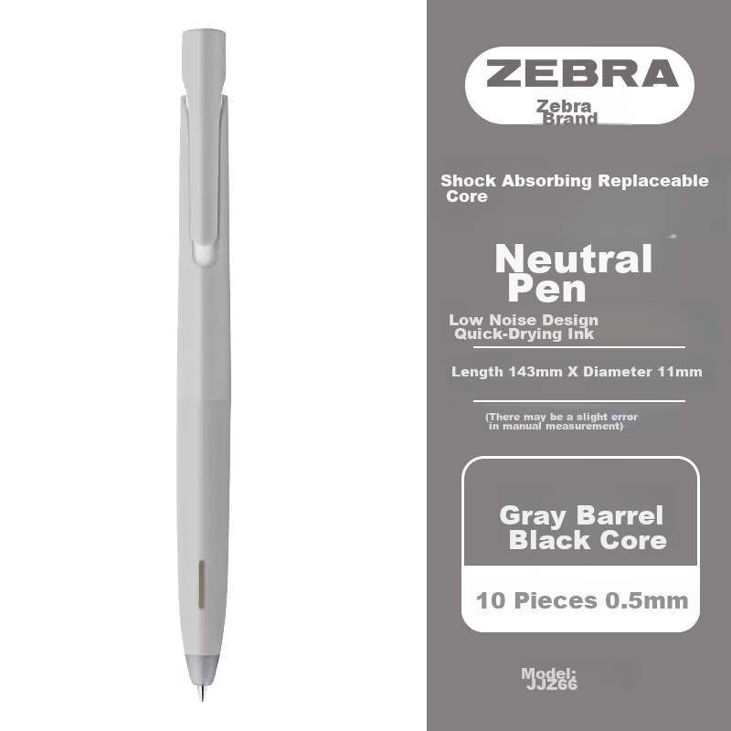 ZEBRA Brand Stationery Award-Winning Gel Pen, 0.5mm Bullet Tip, Retractable Signing Pen, BLen Quick-Drying Shock-Absorbing Exam Pen, JJZ66, Gray Barrel with Black Ink, 10-Pack