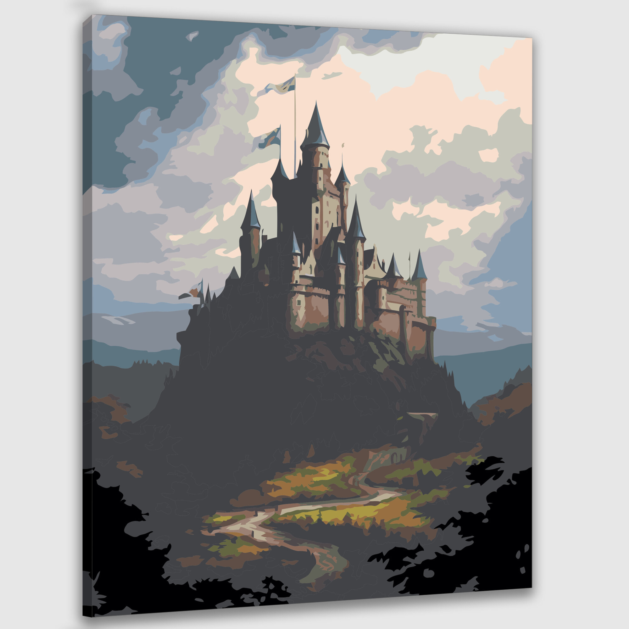 Картина по номерам 40x50 см, картина, масло, замок, туман, сельская местность, флаги, величественный, средневековый