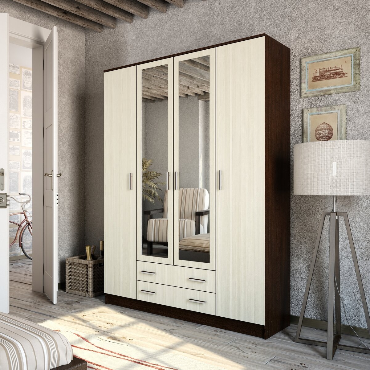 Шкаф распашной 4х створчатый Квадро с зеркалом Венге/Лоредо, 160ш*48.7г*220в см