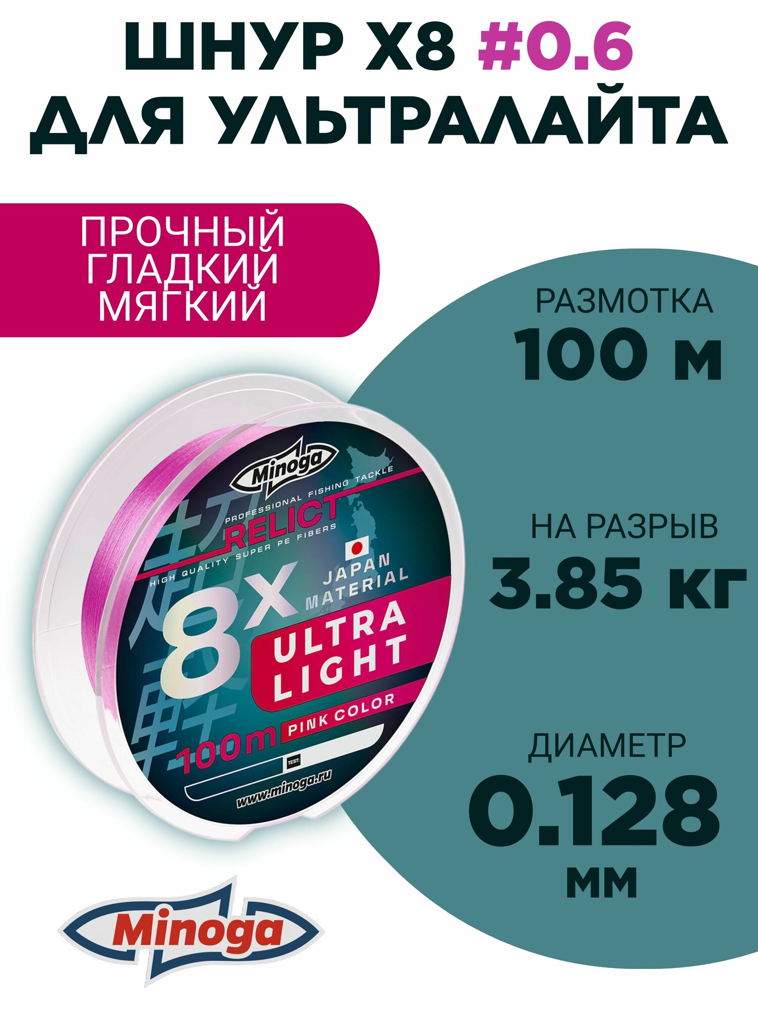Шнур для ультралайта Minoga Ultralight Pink X8 100 m, #0.6, d 0.128 mm, test 3.85 kg