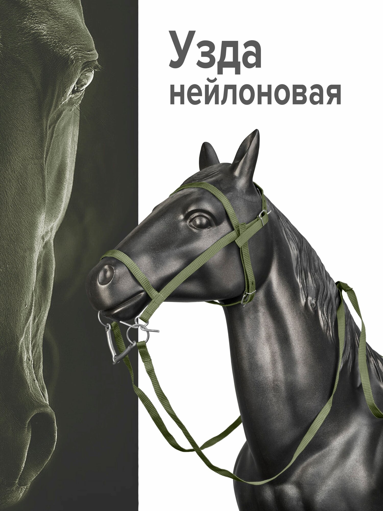 Узда для лошади Reiter, двойной нейлон, 20мм, с поводом, хаки