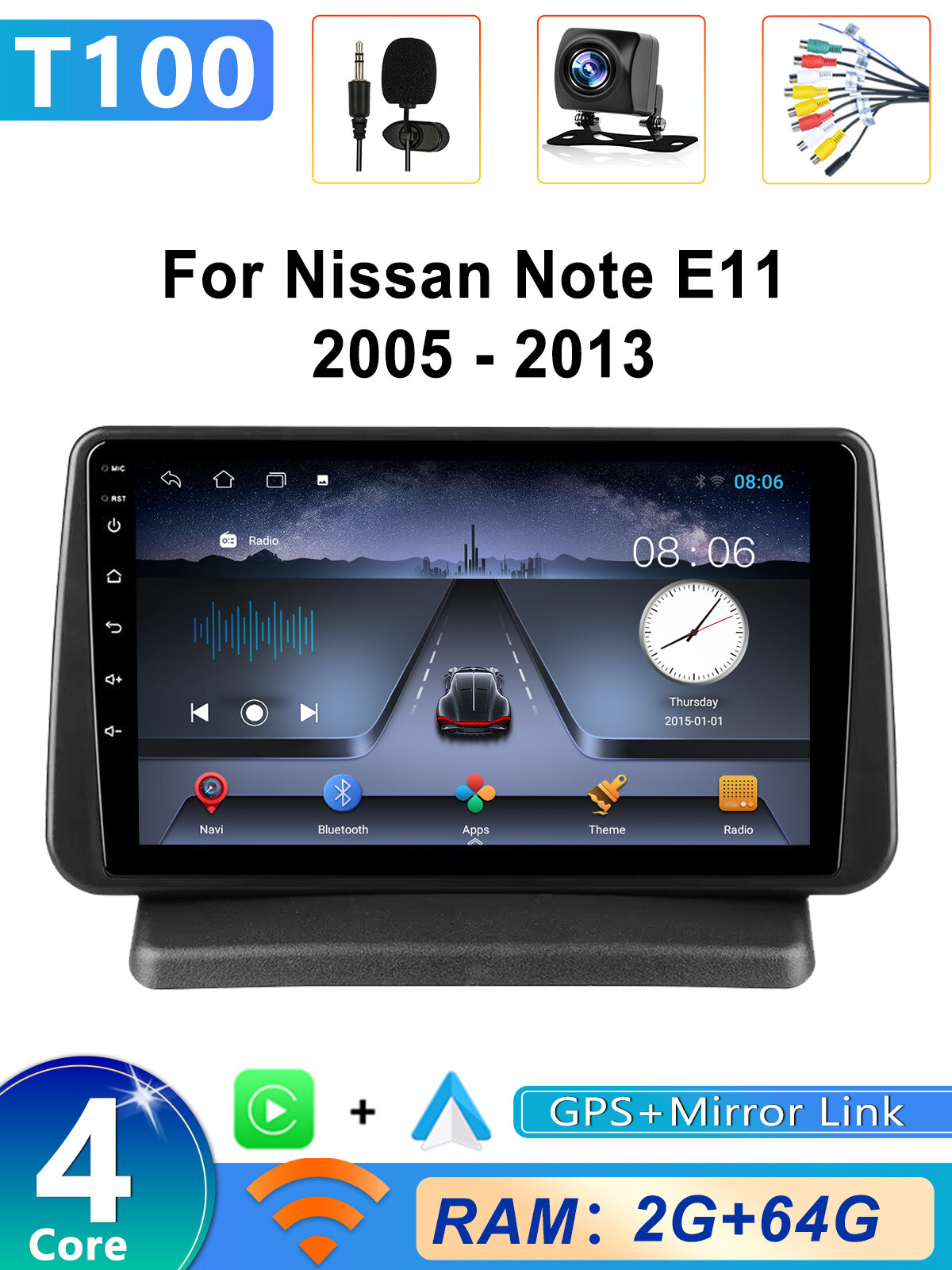 Автомагнитола Android подходит для Nissan Note E11 2005 - 2013, Bluetooth Wi-Fi Сенсорные кнопки , Серебристый CARPLAY IPS