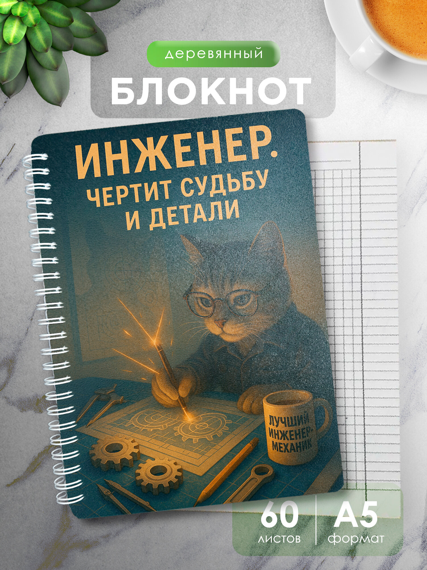 Блокнот деревянный Wood-Book с принтом подарок для инженера