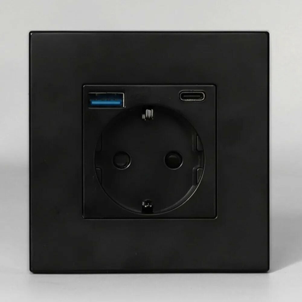 Розетка черная одинарная с USB и Type-C выходами,250B 16A