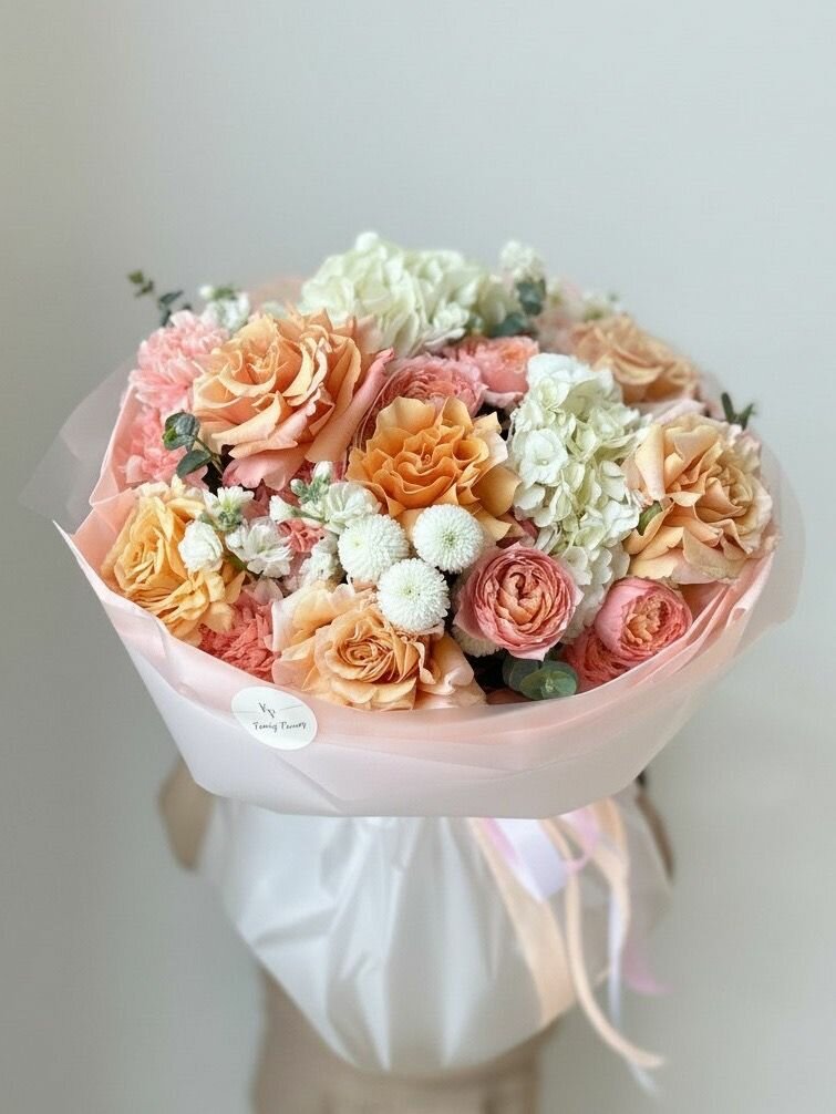 Букет "Пышный букет", персиковые французские розы, 19 цветов, 50 см, 2 кг