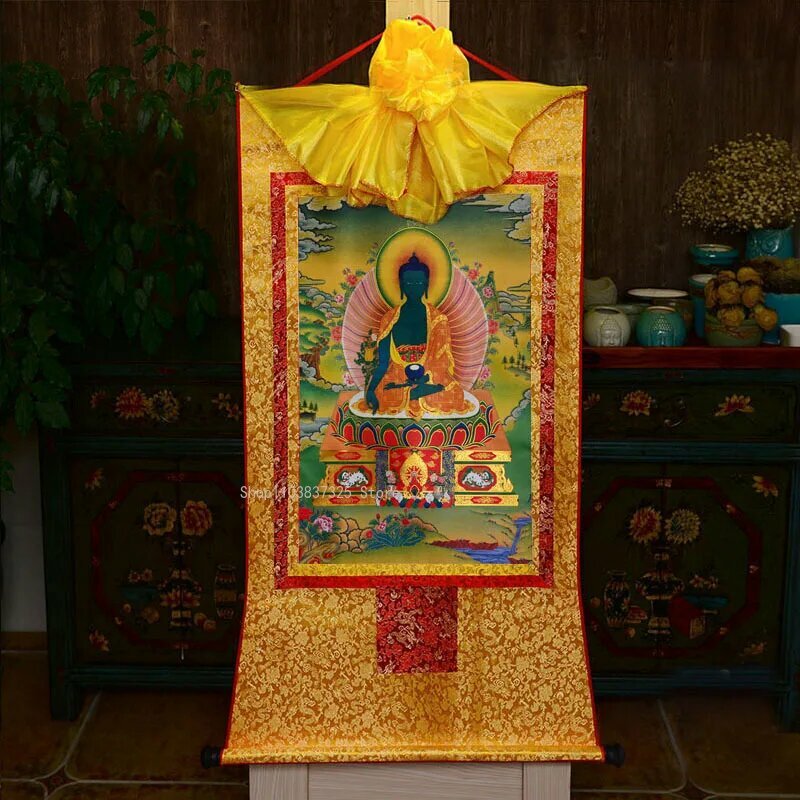 Тибетская тканевая картина желтого цвета Buddha-21