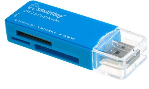 Картридер универсальный Smartbuy SBR-749-B, внешний, USB 2.0, SD/microSD/MS/M2, голубой.
