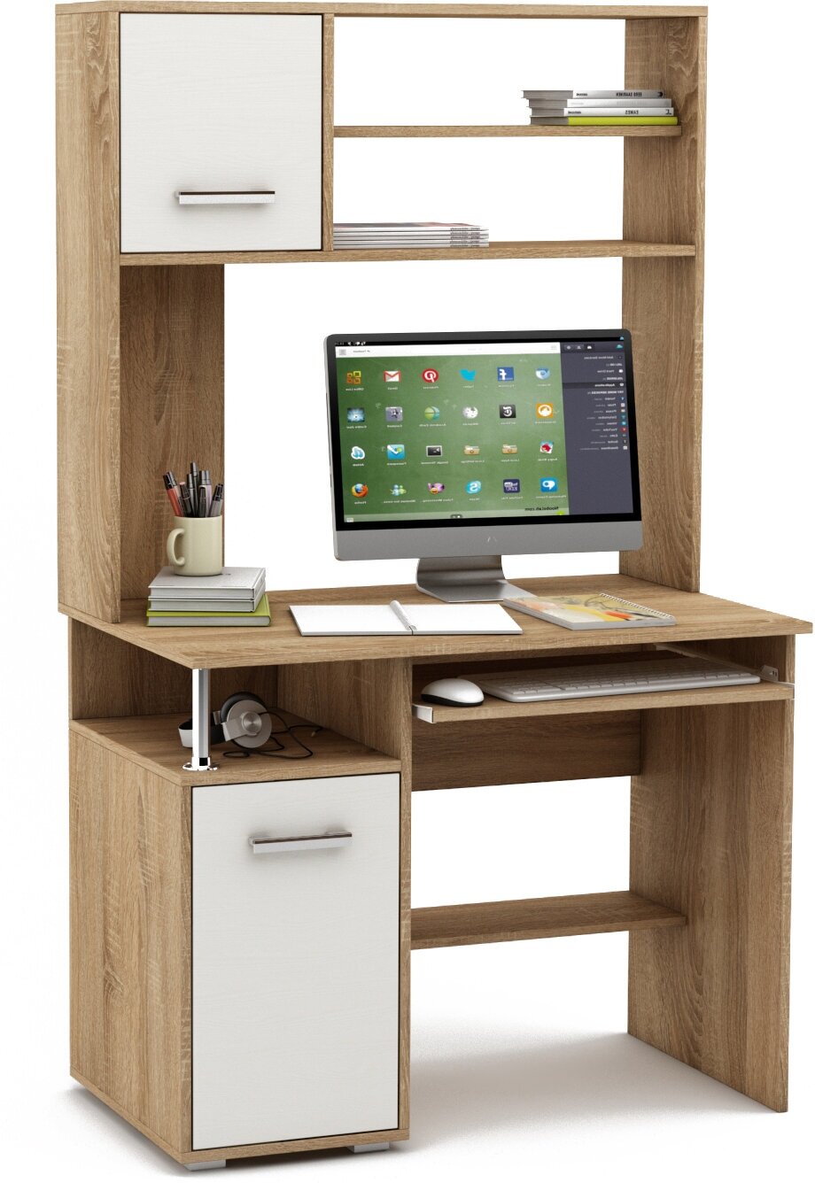 Компьютерный стол Амбер (Реал) 14К, ЛДСП, надстройка и полка для клавиатуры, 97х60х165см Дуб сонома/Белое дерево