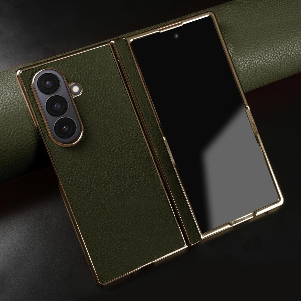 Чехол из натуральной кожи Lychee для Samsung Galaxy Z Fold Галакси З Фолд 8 Ультра, Army Green 6322