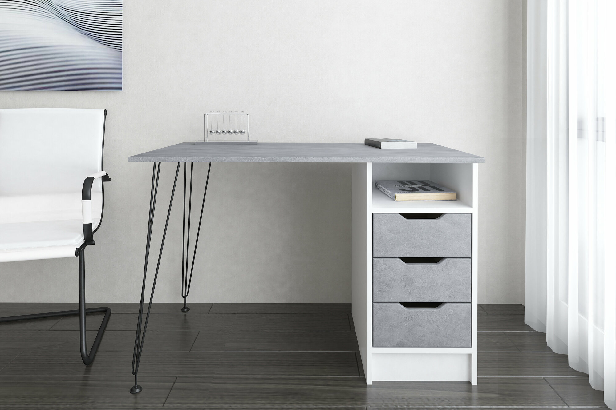 Письменный стол Kraft, с ящиками, 73x60x110см белый - бетон лофт грей