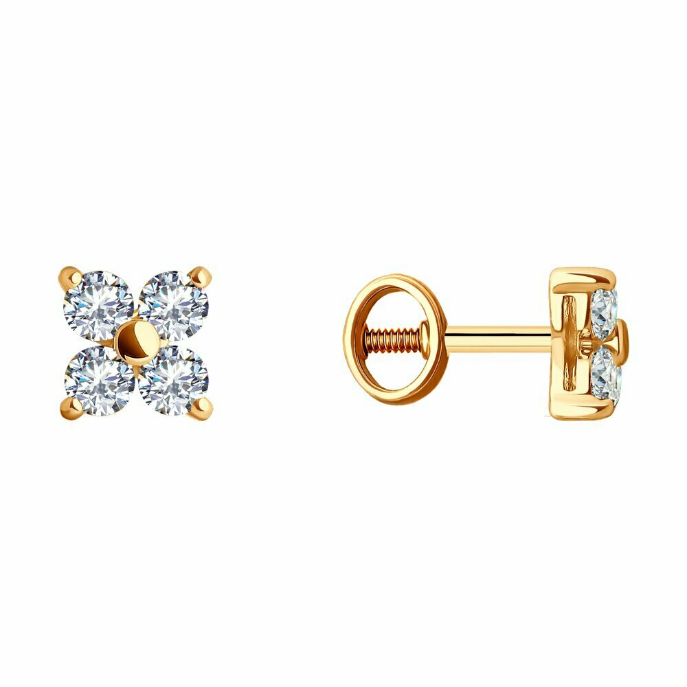 Серьги пусеты, красное золото, 585 проба, фианит