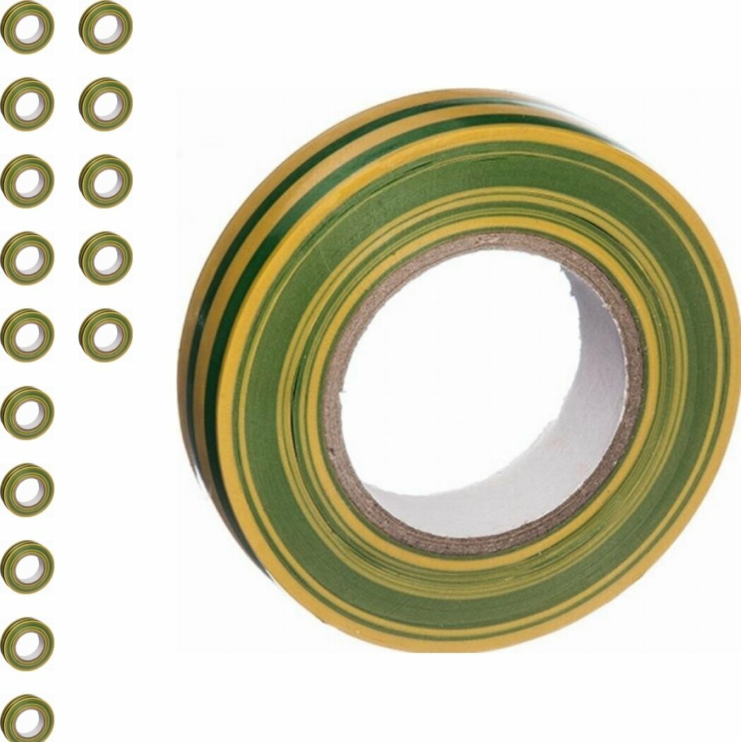 Изолента ПВХ IEK 15 мм 20 метров желто-зеленая (комплект из 15 шт.)