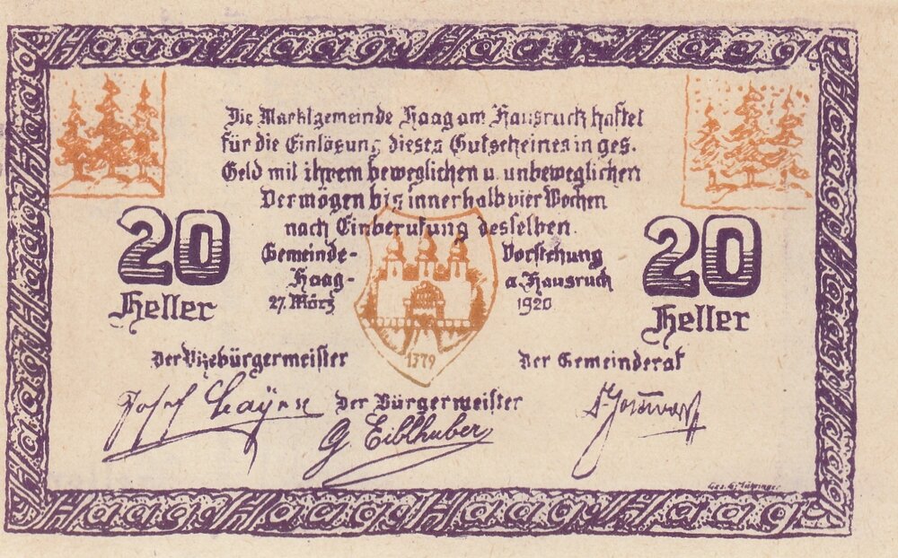 Австрия, Хаг-ам-Хаусрукк 20 геллеров 1920 г.
