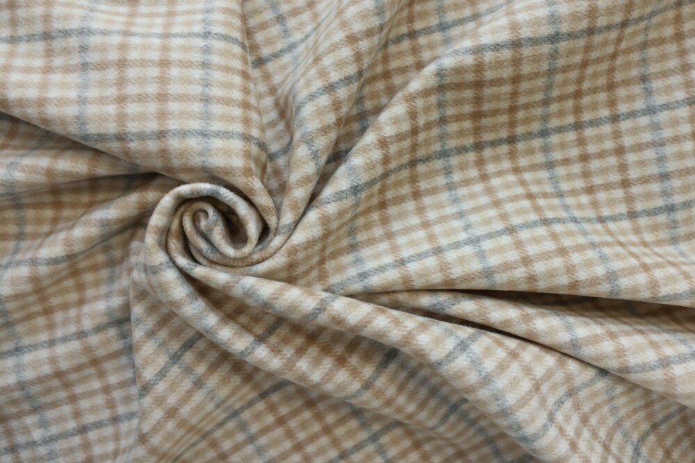 Ткань молочный кашемир в серо-бежевую клетку, ширина 1.54 м