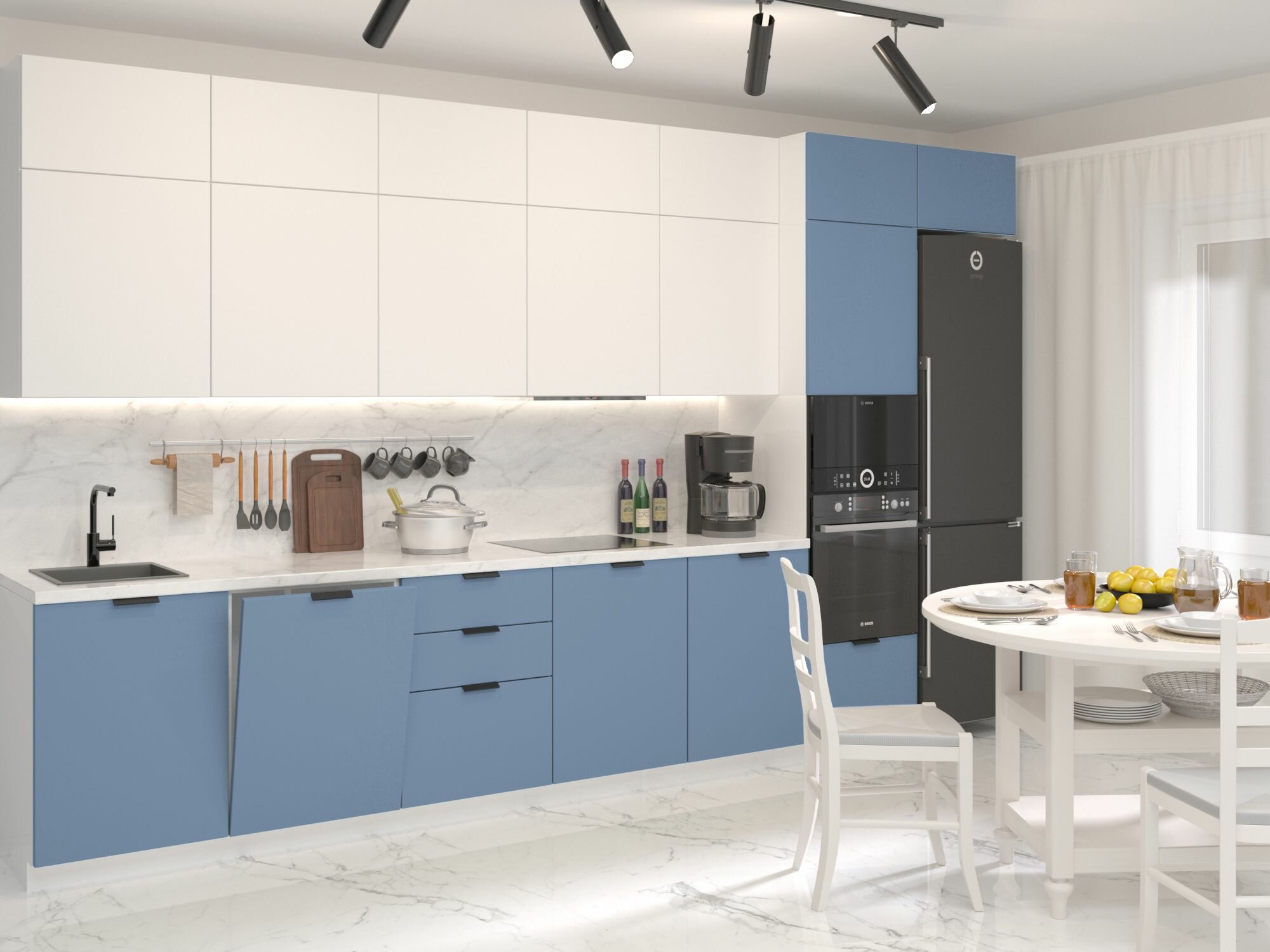 Кухонный гарнитур 4200 мм, Синий матовый/Белый матовый